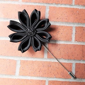 Men's Black Flower Lapel Pin - Kanzashi Brooch Boutonniere for Men's ...