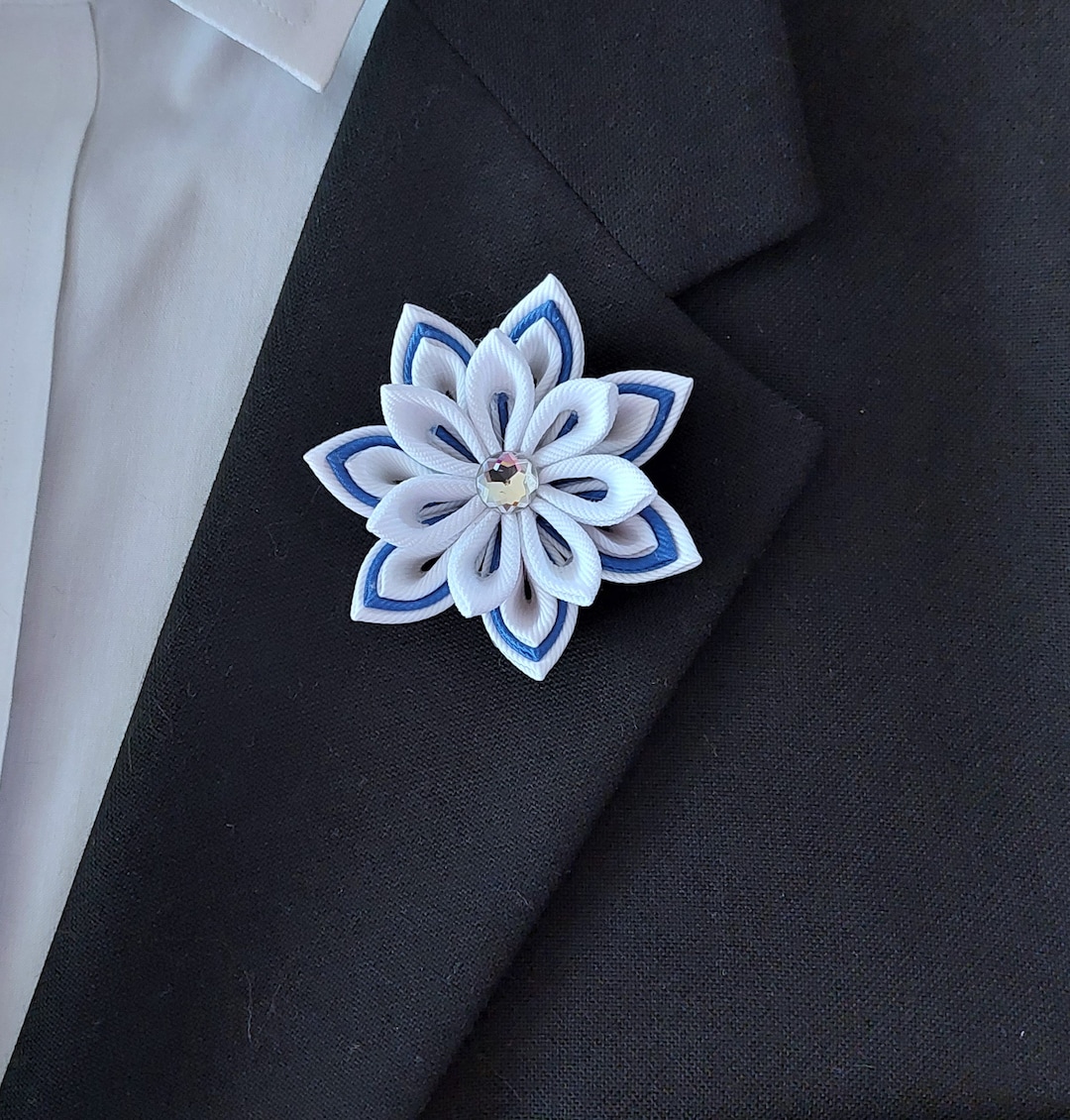 White and Royal Blue Flower Lapel Pin. Men's Kanzashi Brooch ...