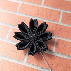 Men's Black Flower Lapel Pin - Kanzashi Brooch Boutonniere for Men's ...