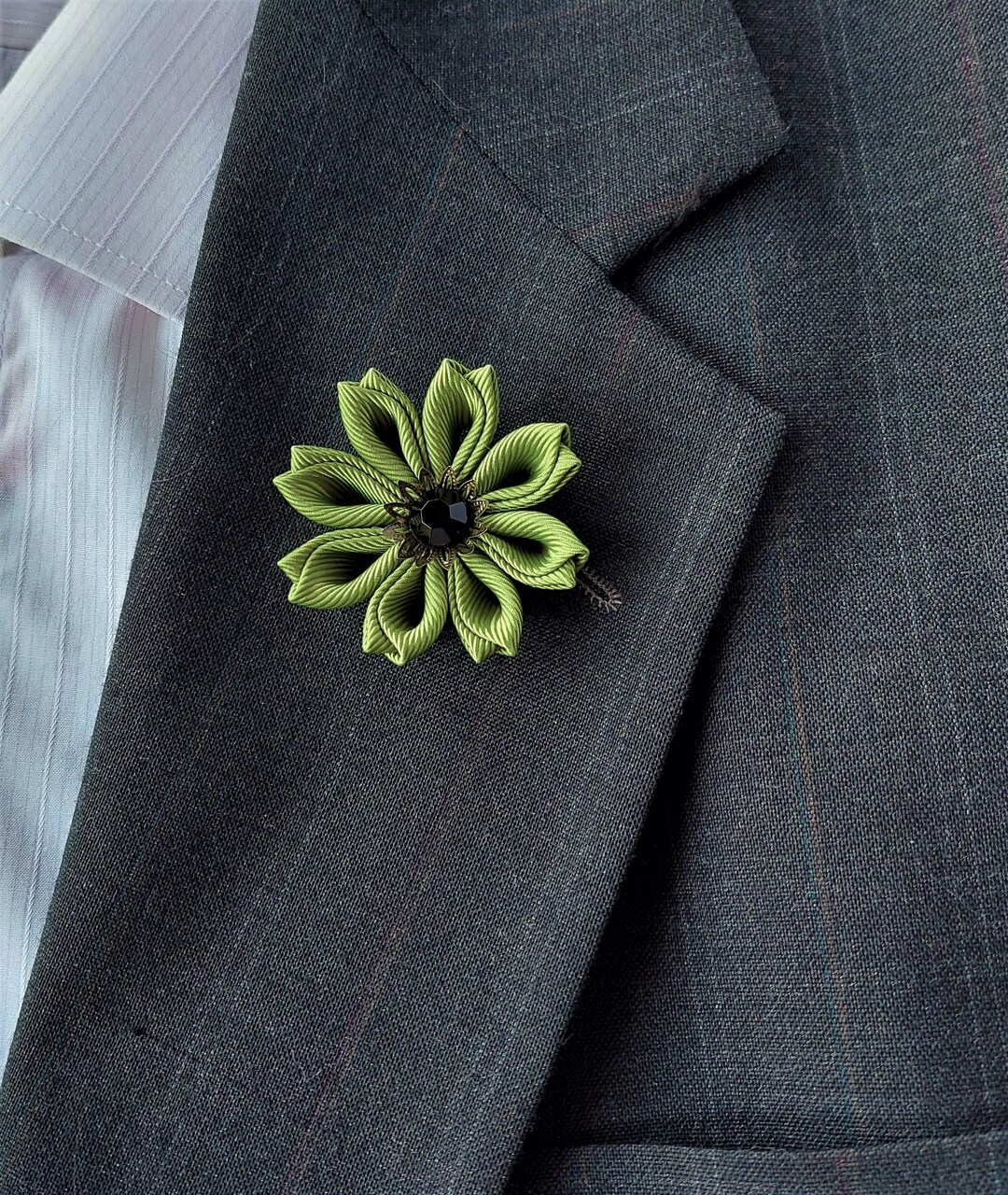 Sage Green Flower Lapel Pin for Men - Kanzashi Brooch Boutonniere for ...