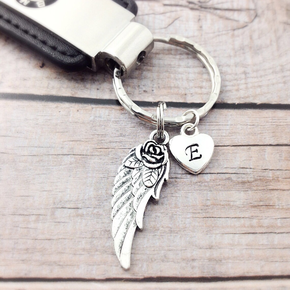 Wing Keychain With Initial Heart Angel Wing Keychain - Etsy
