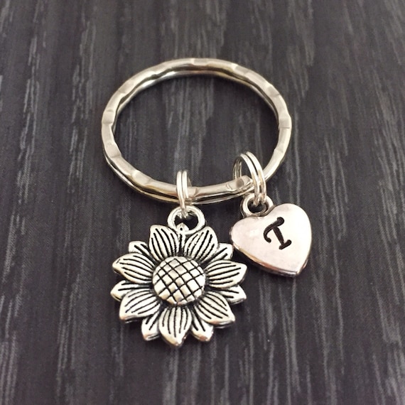 Sunflower Keychain Sterling Silver Filled Initial Keychain | Etsy