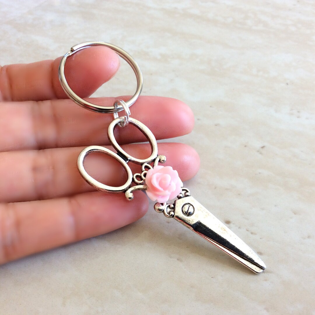 Scissors Keychain, Silver Scissors With Rose Keyring, Hair Stylist Gift ...