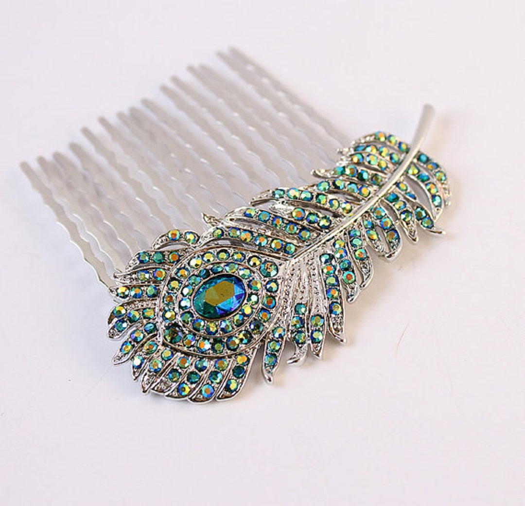 Teal Blue Peacock Feather Hair Comb Wedding Bridal Bridesmaid Prom ...