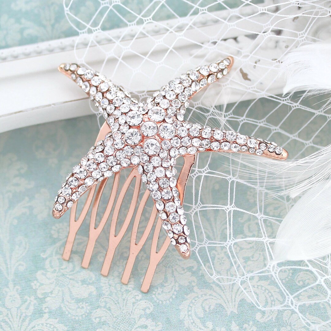 Rose Gold Starfish Comb, Beach Wedding Bridal Hair Comb, Rhinestone ...