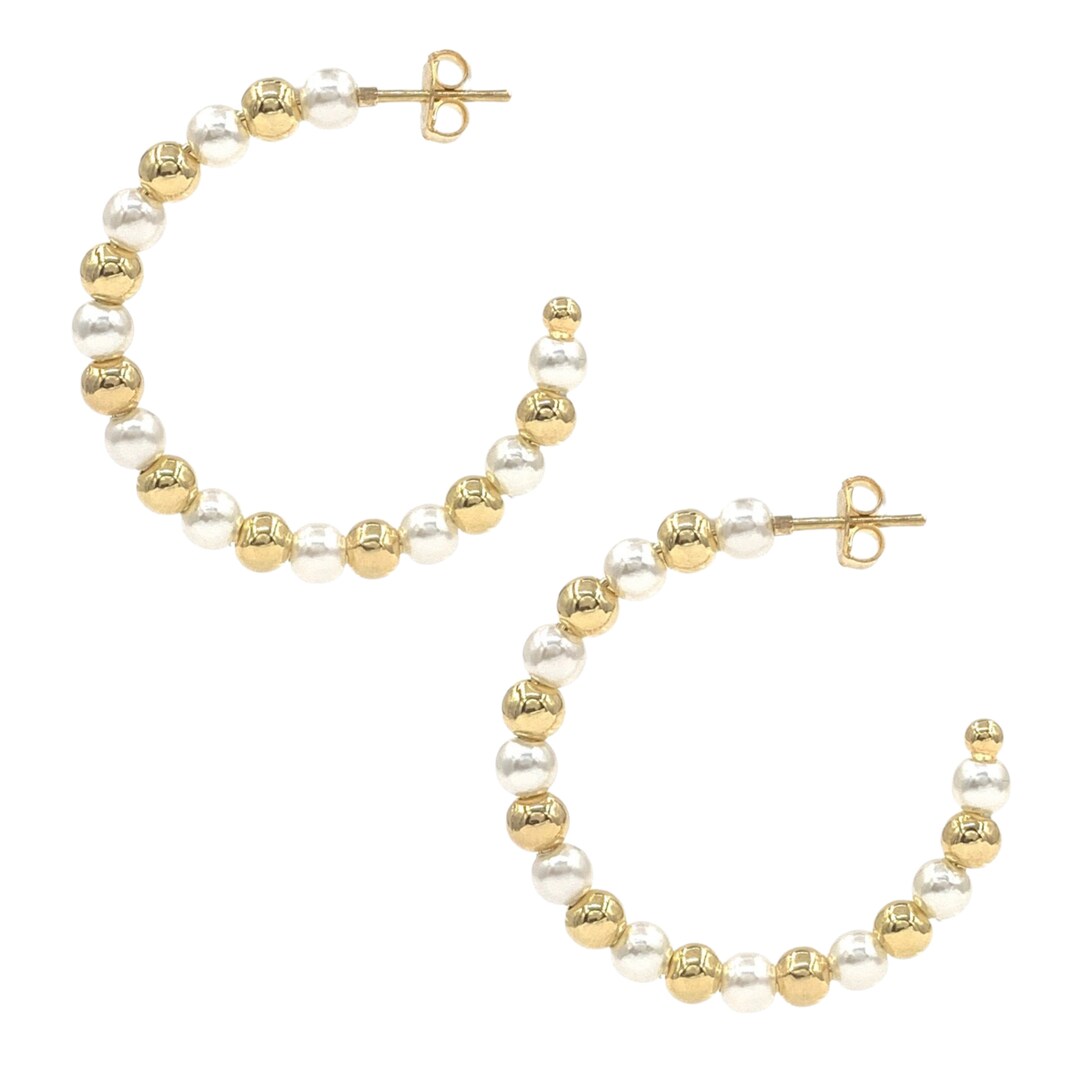 Beaded Pearl Hoop Earrings, Pearl Gold Hoops, 18K Gold-filled Open Gold ...