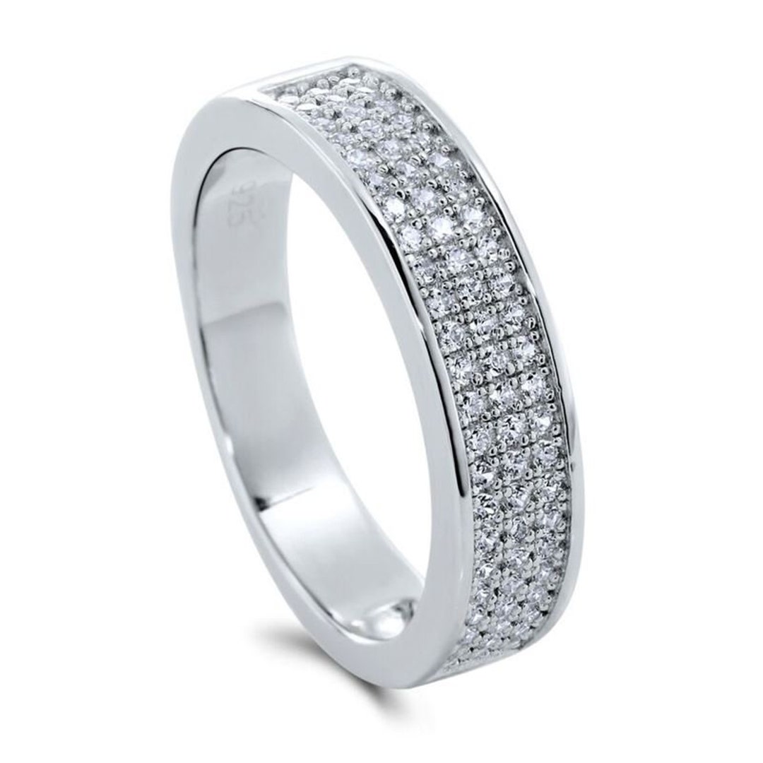 925 Solid Silver CZ Wedding Band, Half Eternity Wide Sterling Silver CZ ...
