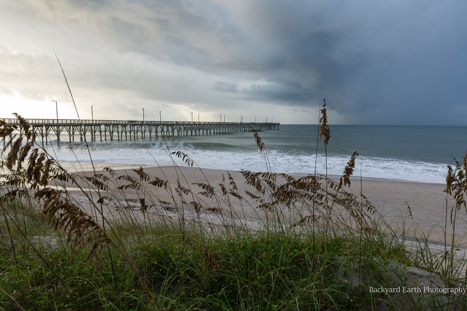 North Carolina's Topsail Island Pier and Sea Grasses. Black and White ...
