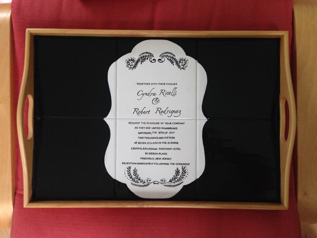 Custom Wedding Invitation Duplicated on Hand-painted Tiles in a Wooden ...