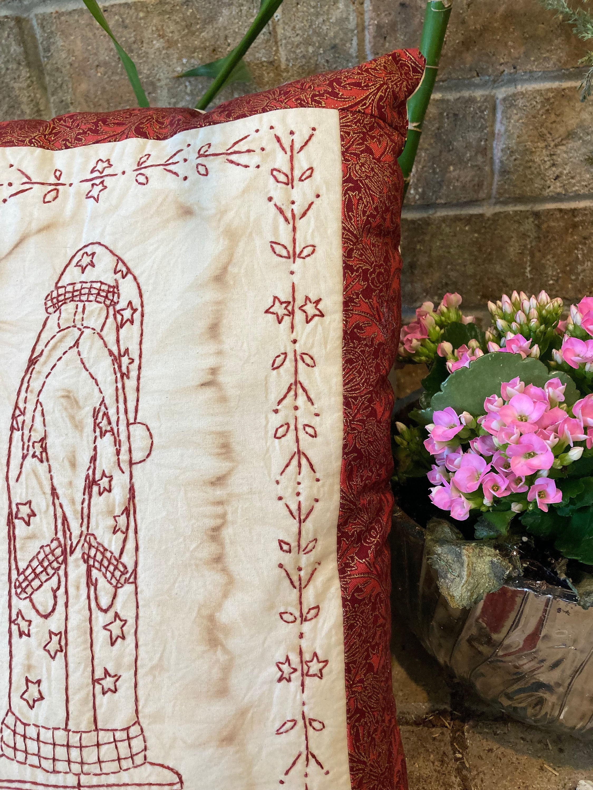 Old World Santa - Hand Embroidered Holiday Pillow - Vintage Fabric ...