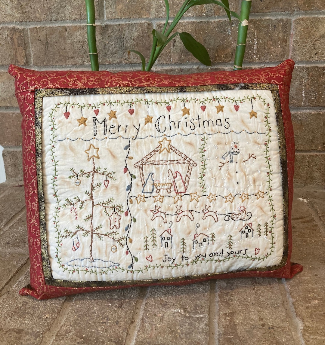 Hand Embroidered Christmas Sampler Pillow - Holiday Embroidered Sampler ...