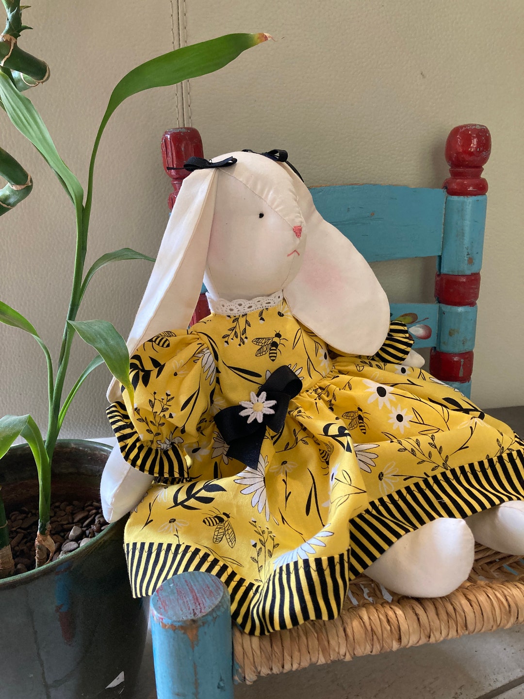 Spring Cloth Bunny in Bee Dress - Bee Fabric - Child Friendly Doll ...