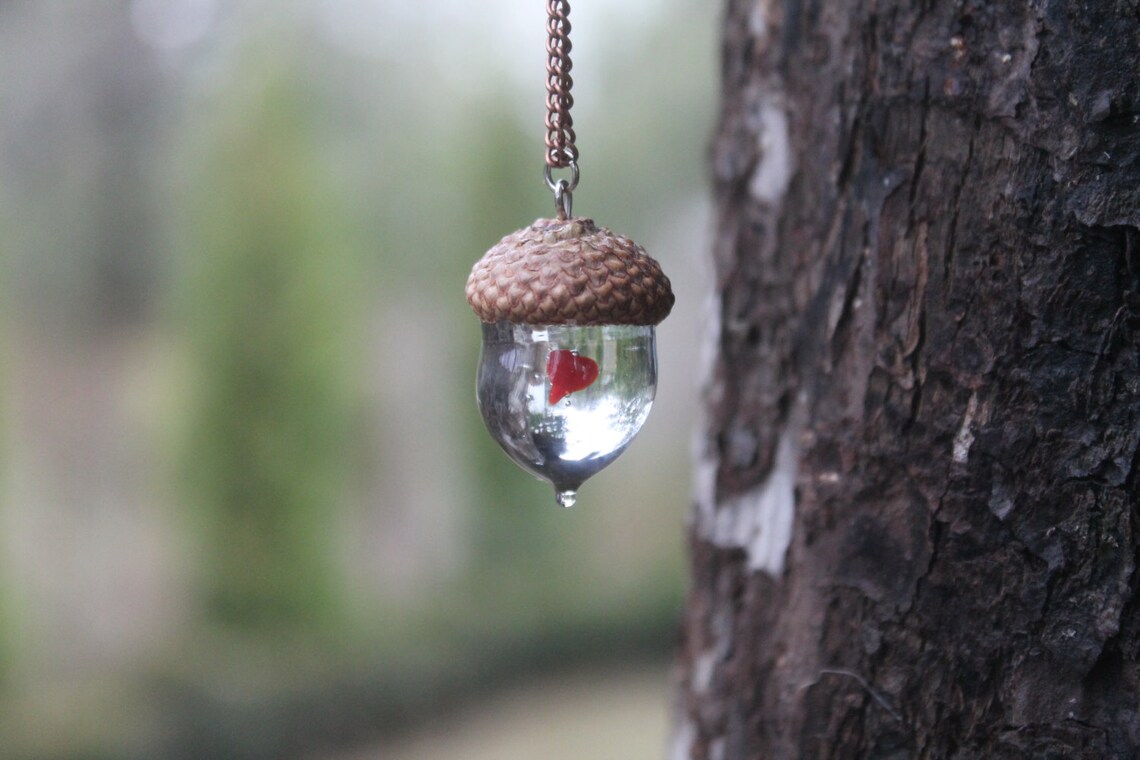 Glass Acorn Necklace in Crystal Clear With Glass Heart Acorn - Etsy