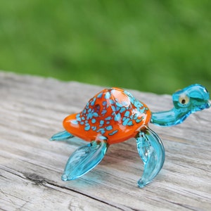 Blue Orange Hand Blown Glass Turtle Figurine Collectible Animal ...