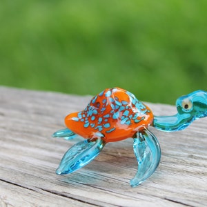 Blue Orange Hand Blown Glass Turtle Figurine Collectible Animal ...