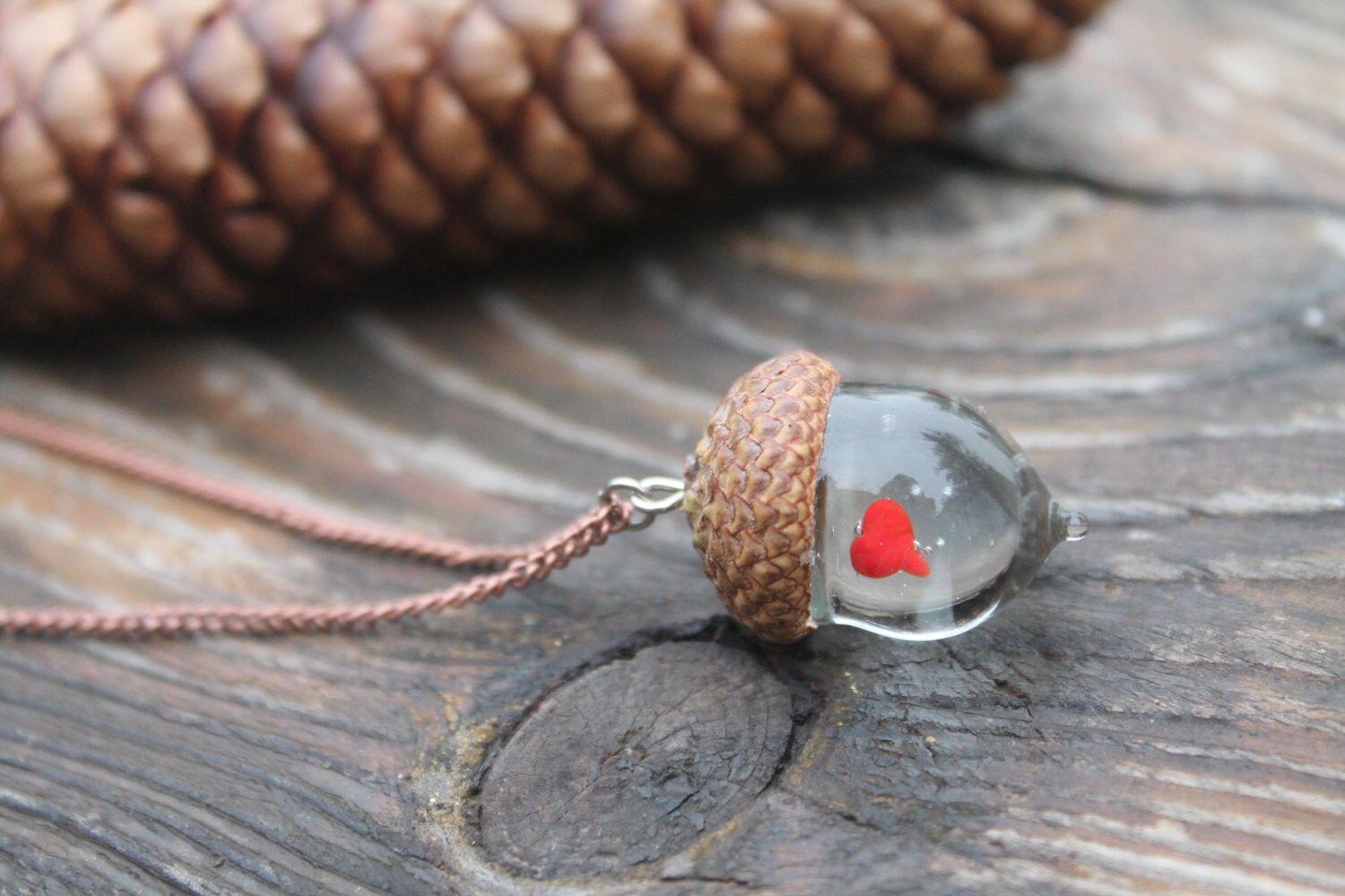 Glass Acorn Necklace in Crystal Clear With Glass Heart Acorn - Etsy