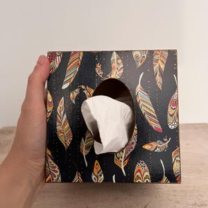 Tissue Box Cover Feathers Square Tissue Box Feathers Decor Bird Wooden ...