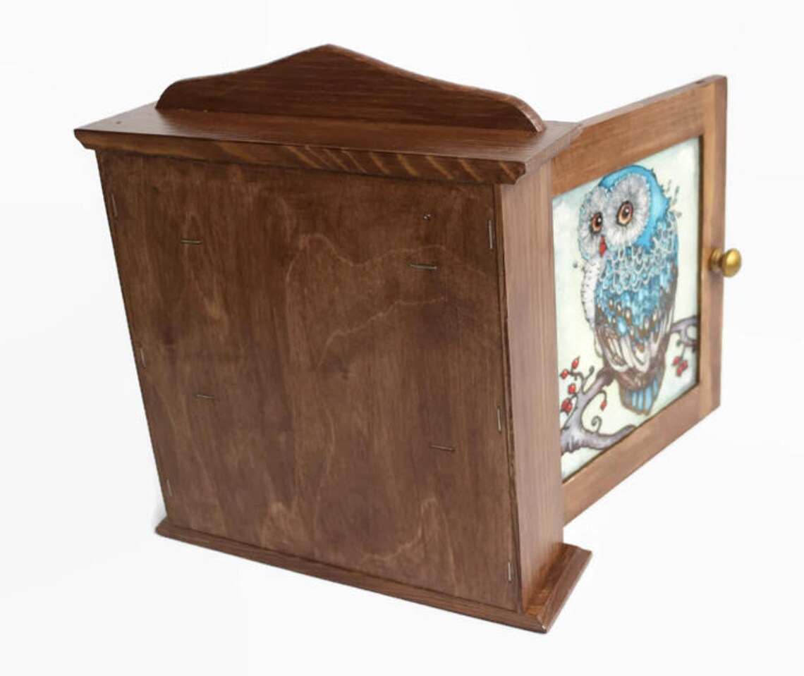 Owl Key Cabinet Wooden Key Holder Blue Owl Key Box Gold Lock Brown Key ...