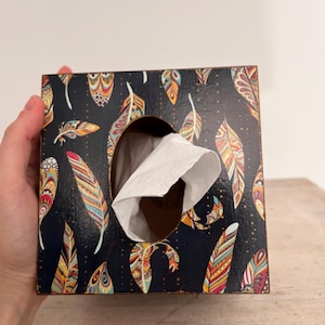 Tissue Box Cover Feathers Square Tissue Box Feathers Decor Bird Wooden ...