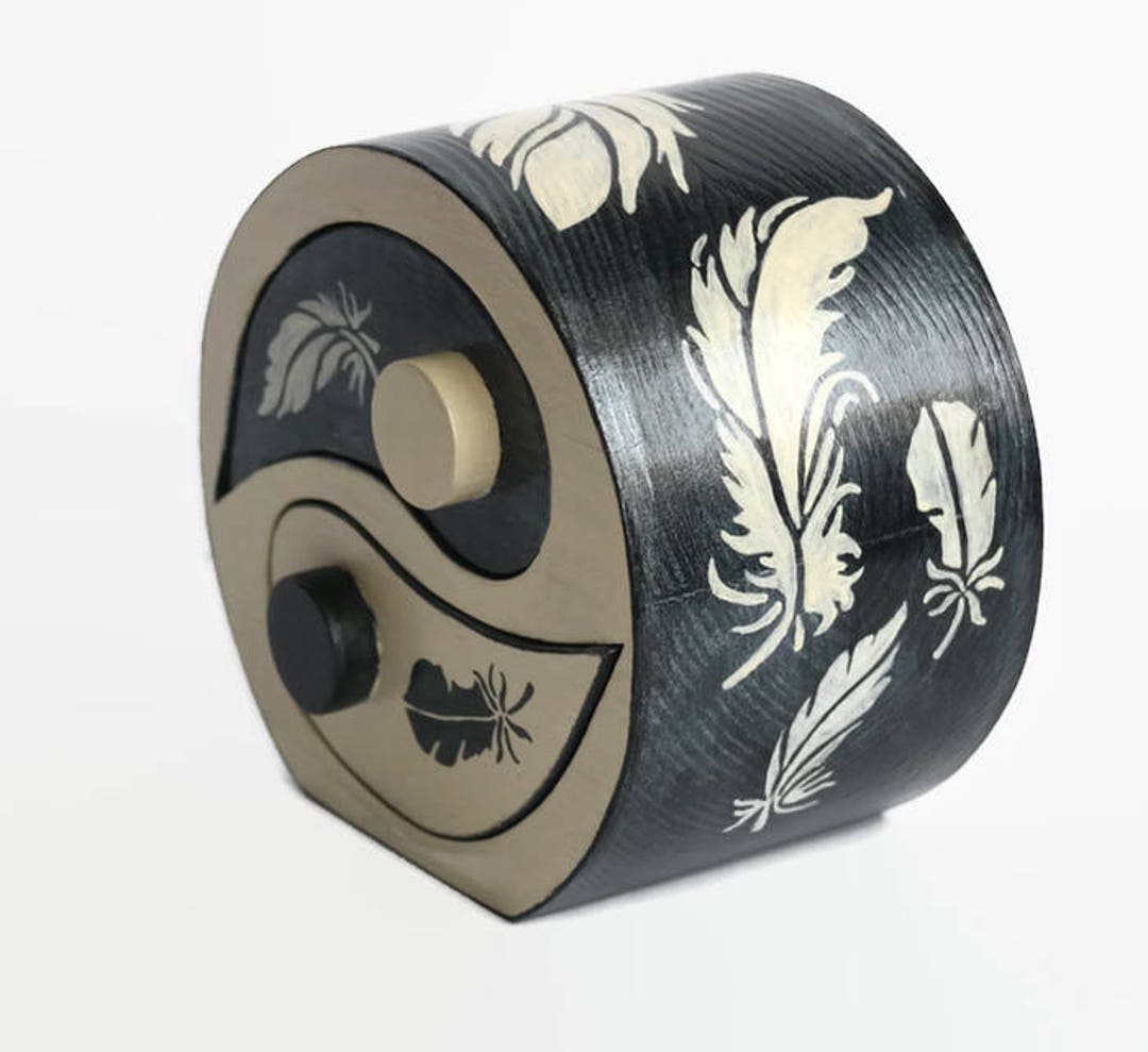 Yin Yang Box Feathers Jewelry Box Wooden Mini Chest Feathers Box Yin ...