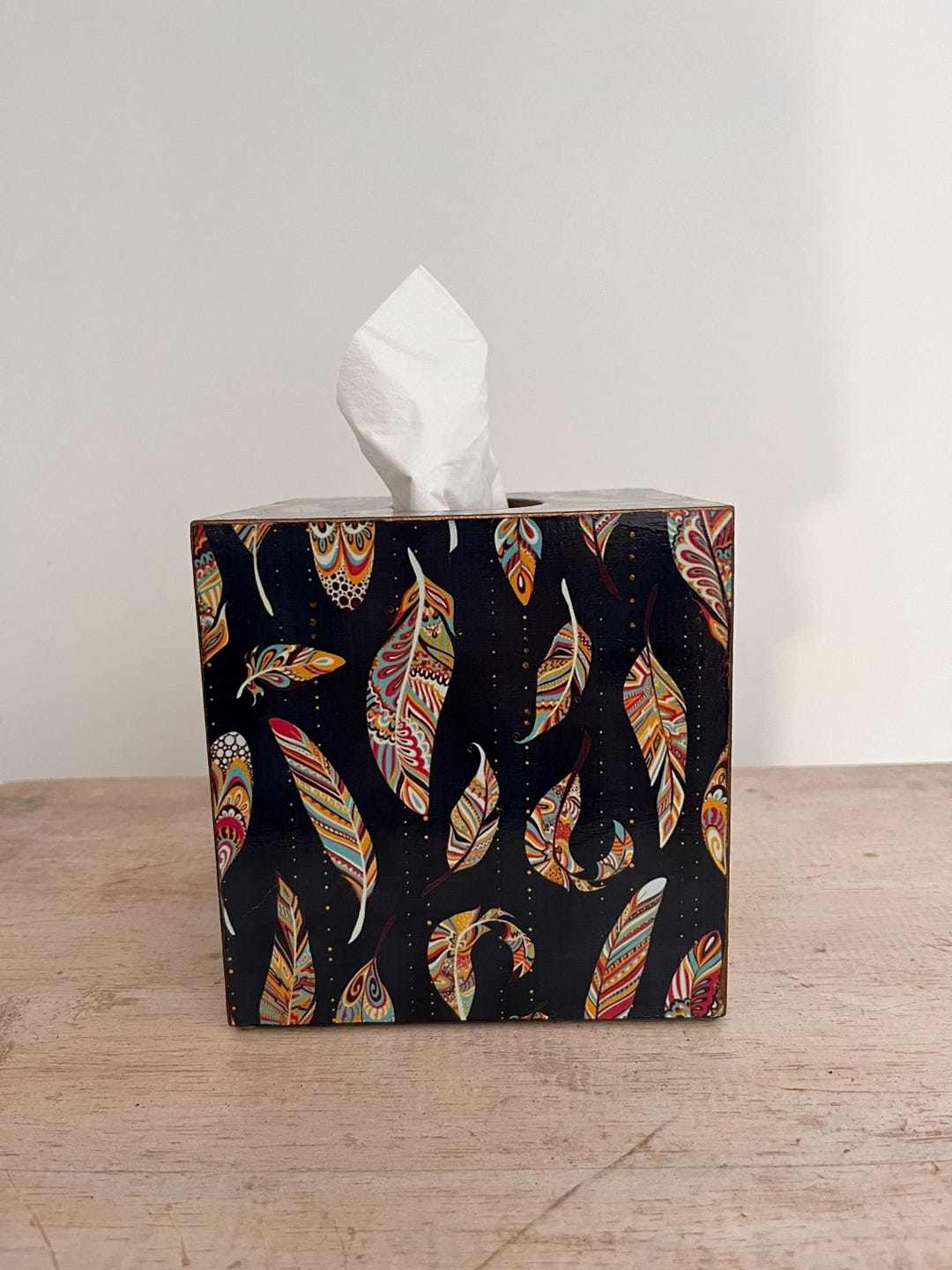 Tissue Box Cover Feathers Square Tissue Box Feathers Decor Bird Wooden ...