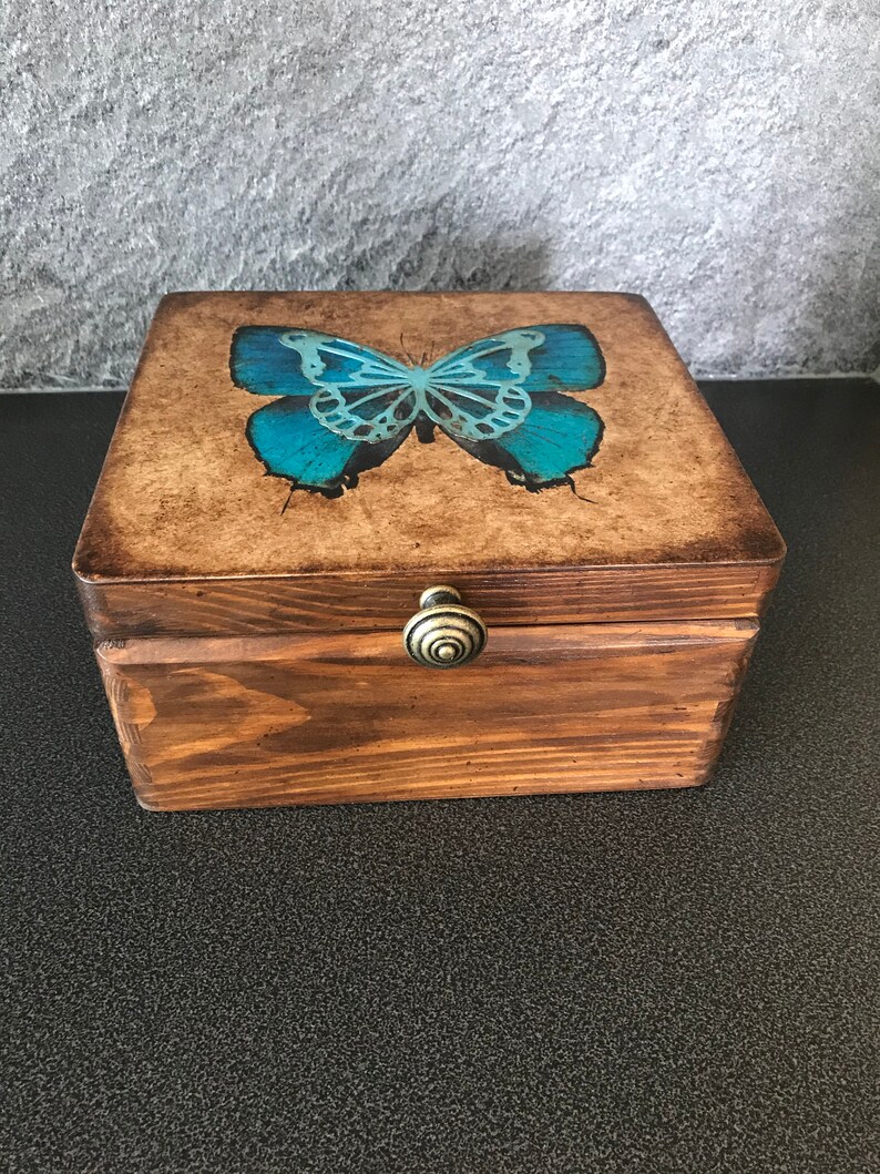 Butterfly Box Jewelry Wooden Box Blue Butterfly Treasure Box Butterfly ...