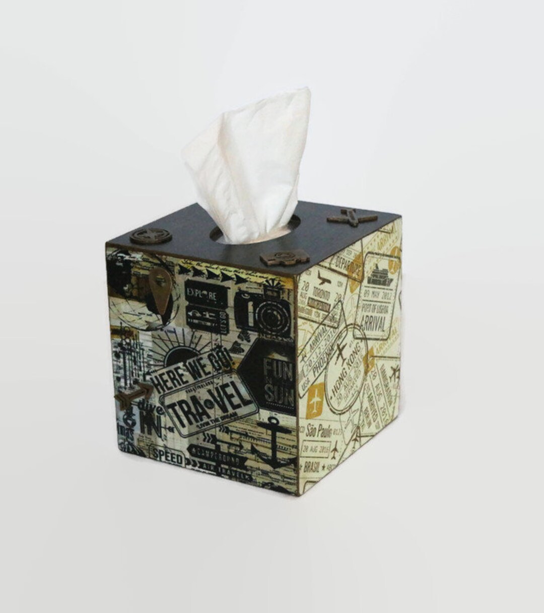 Travel Theme Box Tissue Box Cover Travel Stamps World Map Decor ...