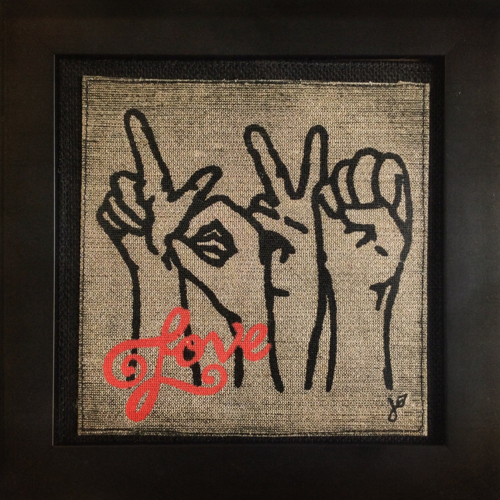 Sign Language Love Wall Art, Hand Printed Jute Fabric, Framed Home ...