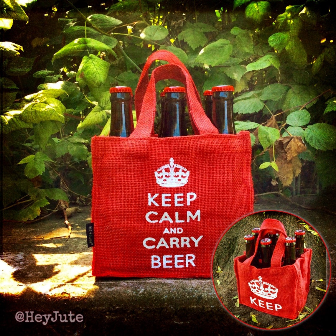 Keep Calm Carry Beer 6-pack Jute Bottle Carrier, Reusable Drink Caddy ...