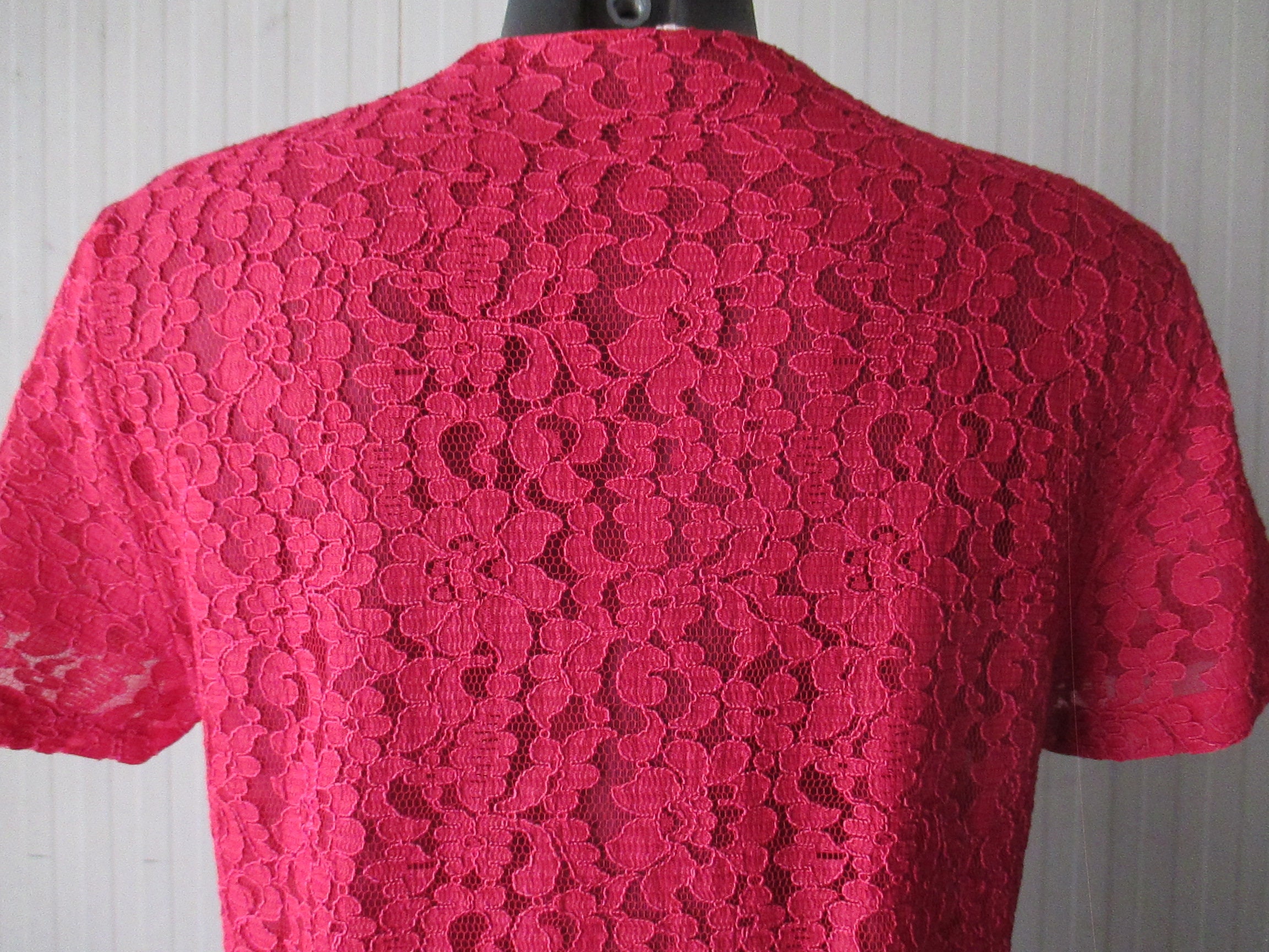 50s cherry red lace blouse/Front buttoning/Short sleeves/Lined/Loose ...