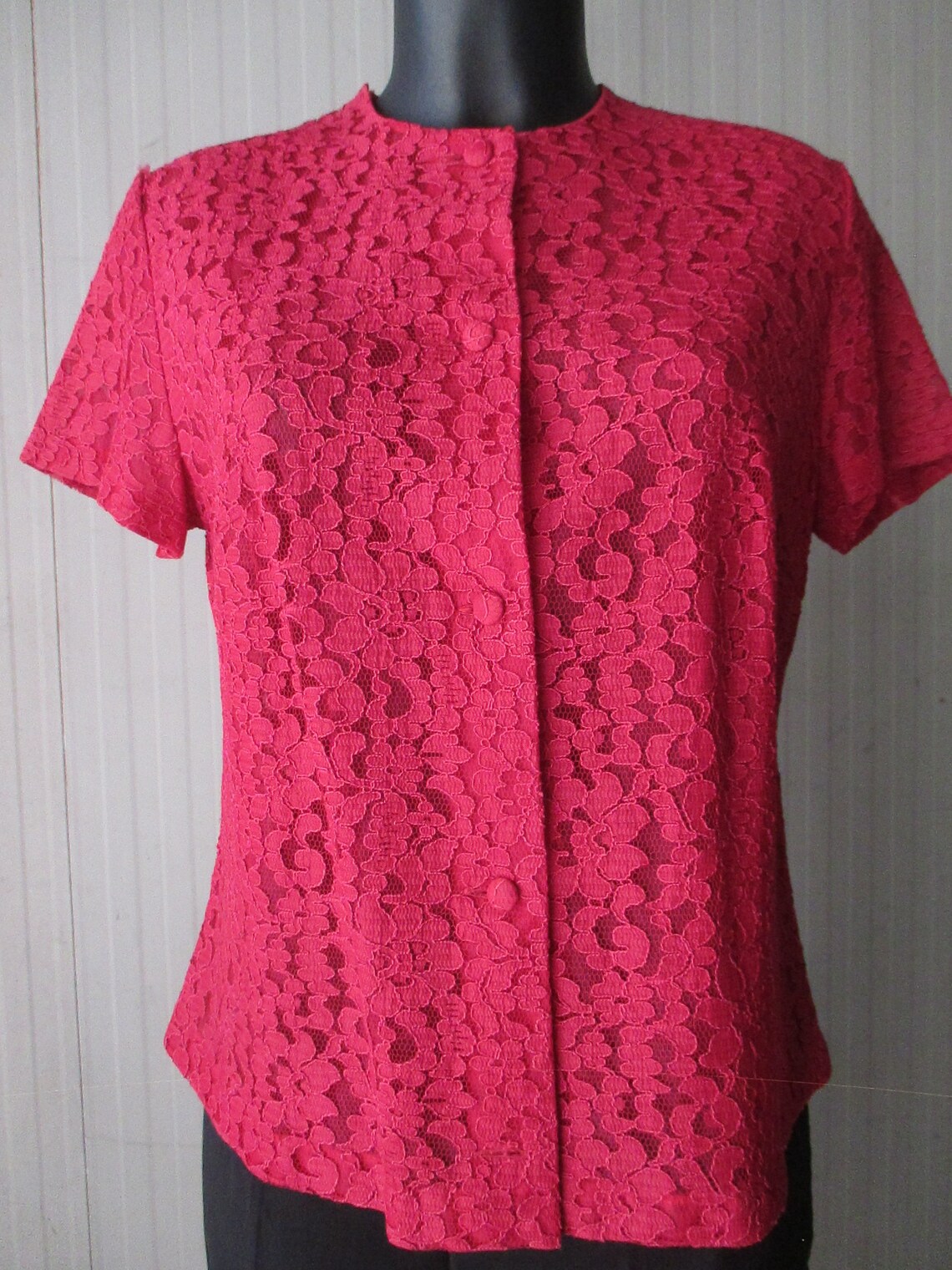 50s cherry red lace blouse/Front buttoning/Short sleeves/Lined/Loose ...