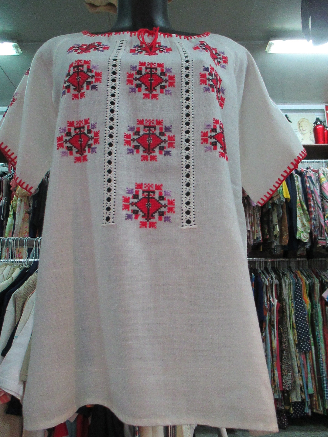 Vtg Deadstock Romanian Blouse/hand Embroidery/homespun Cotton/size M ...