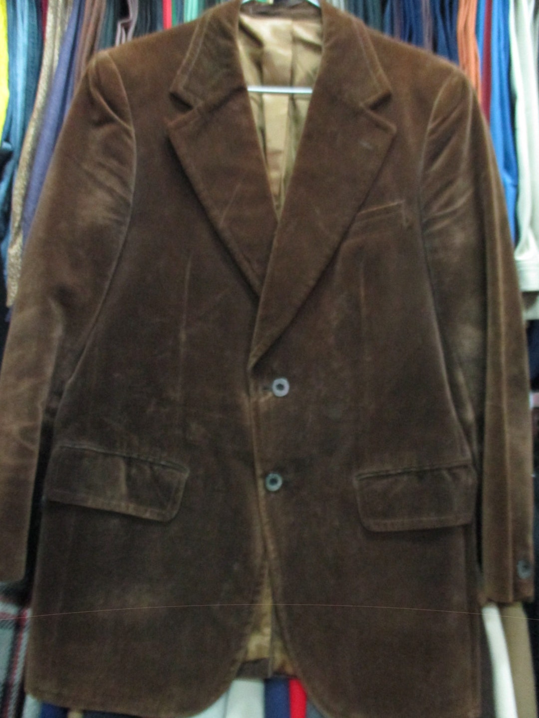 70s Brown Plain Velvet Slim Jacket/mods Jacket/big Collar/two Flap ...