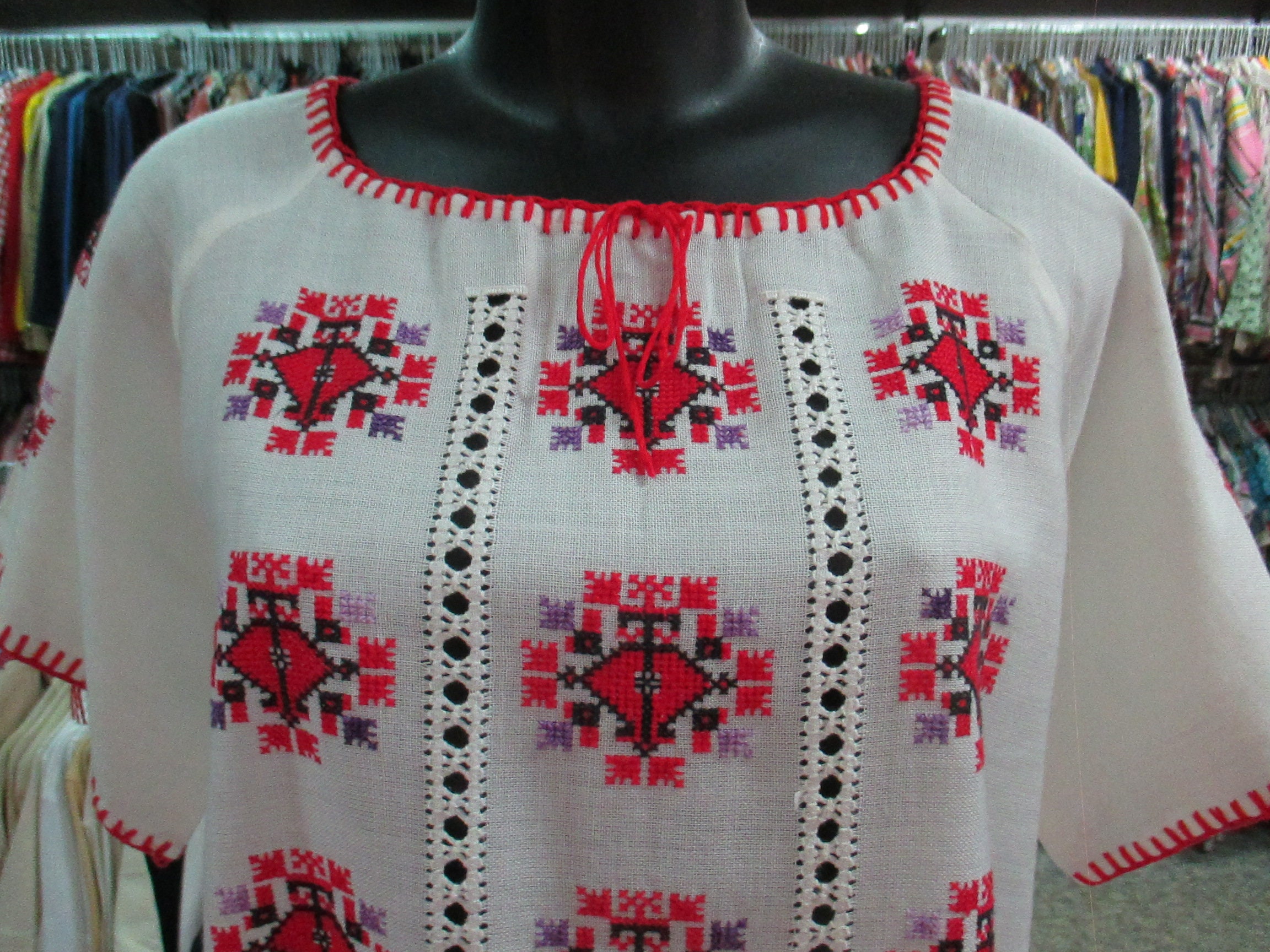 Vtg Deadstock Romanian Blouse/hand Embroidery/homespun Cotton/size M ...