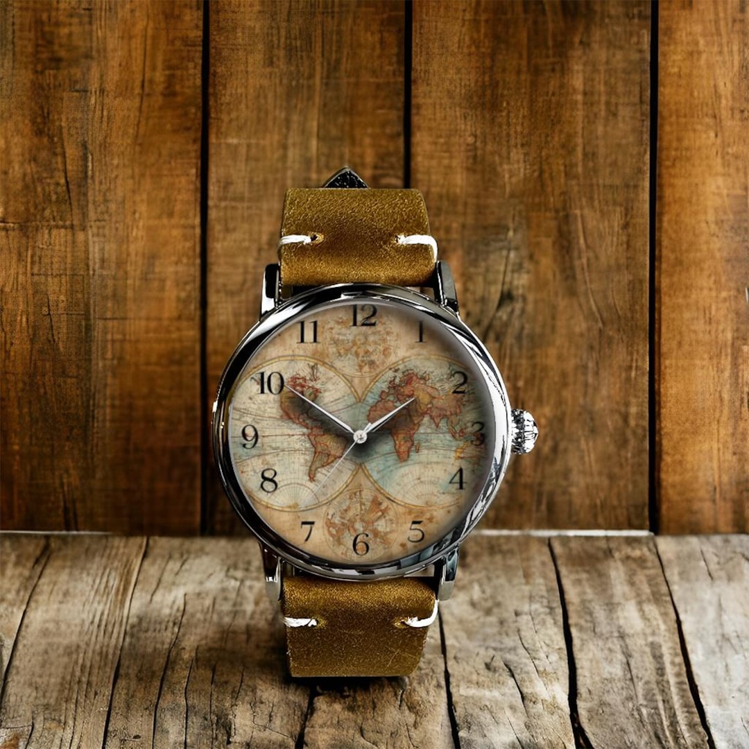 Vintage World Map Art Mechanical Leather Wrist Watch - Etsy