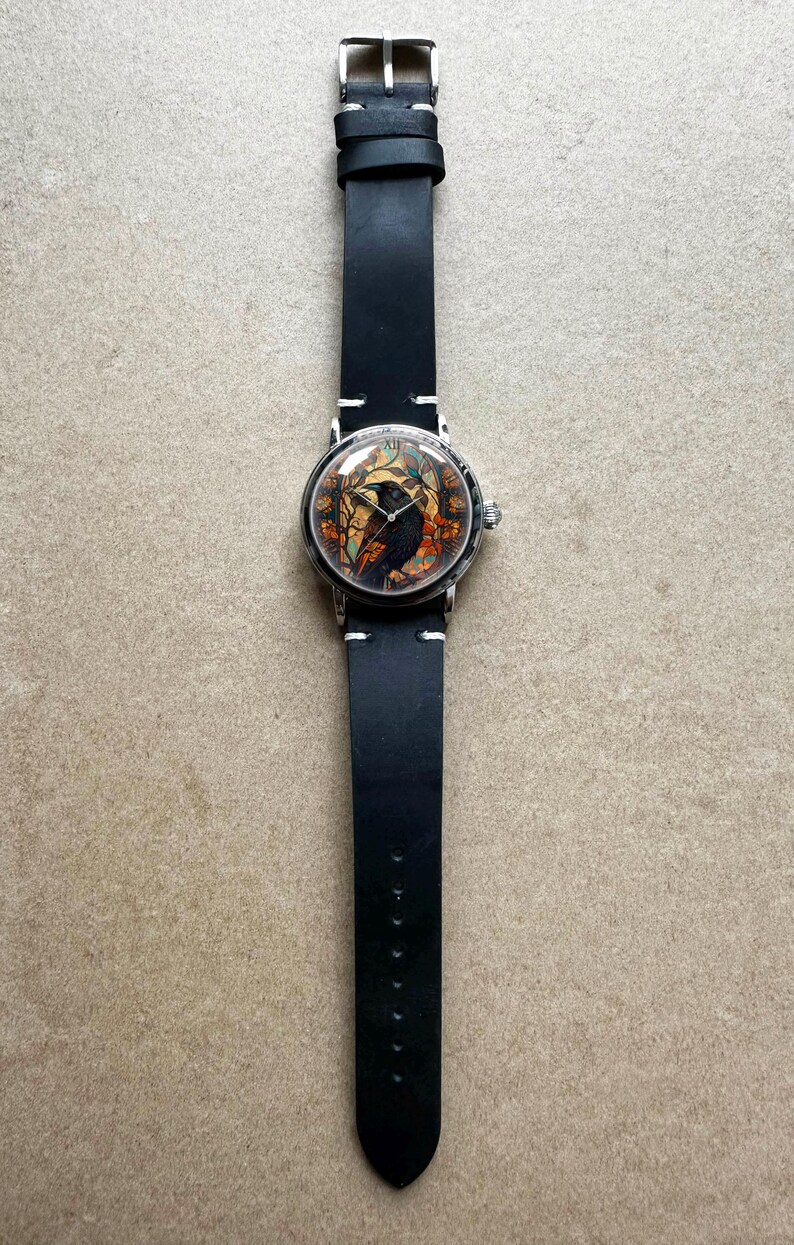Stained-glass Raven Goth Crow Art Mechanical Leather Wrist Watch - Etsy