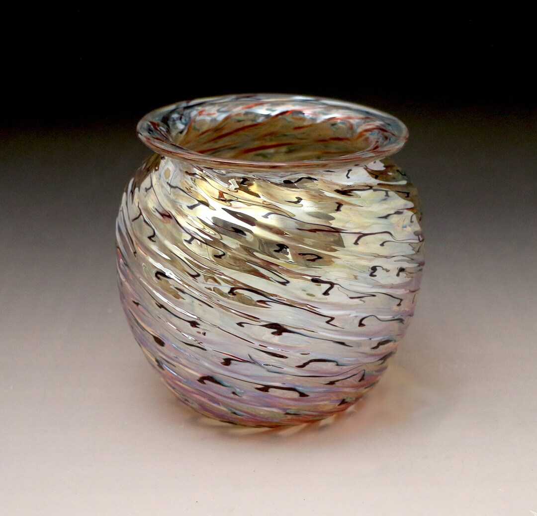 Iridescent Ruby Lustre Round Hand Blown Vase With Copper Ruby Trailing ...