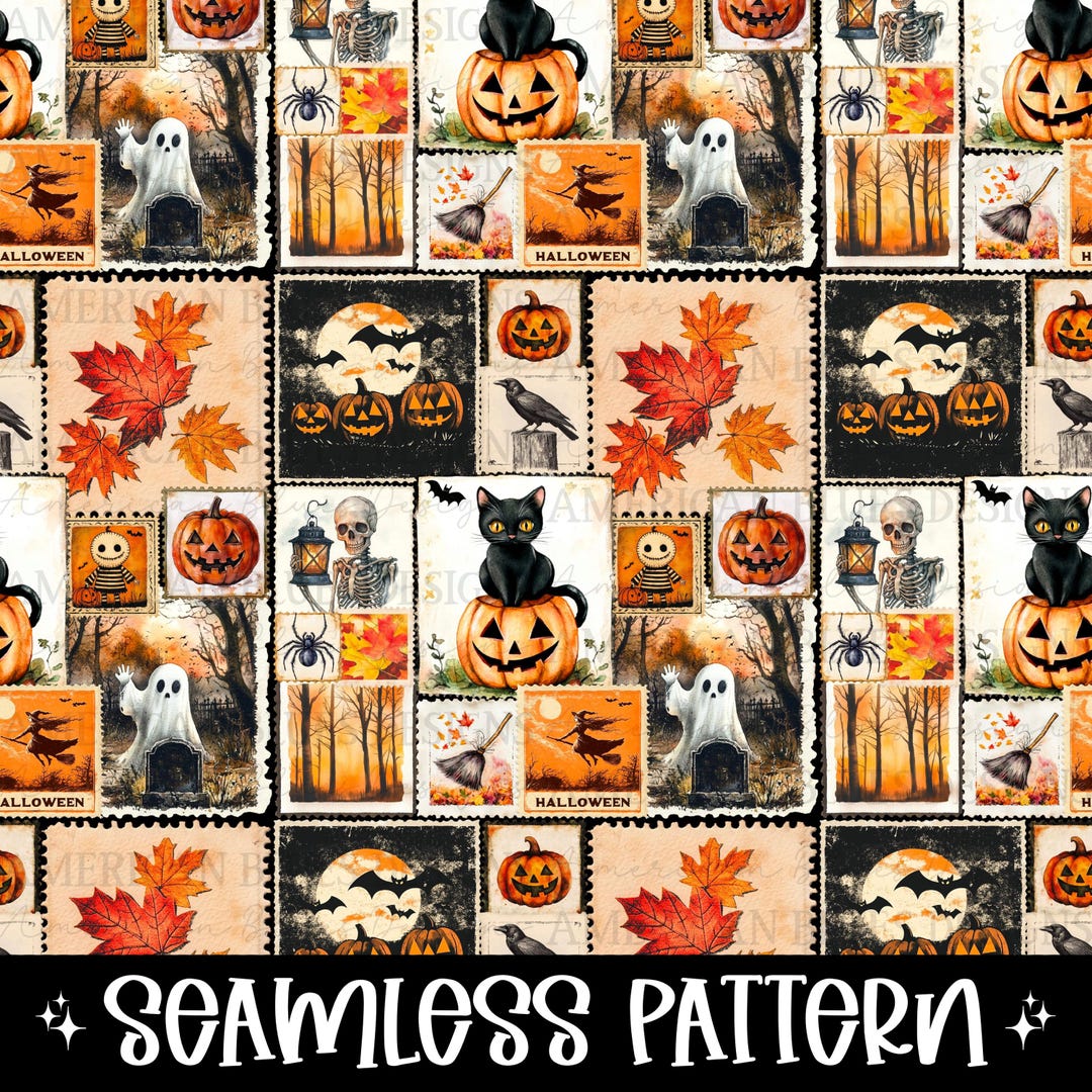 Vintage Halloween Spooky Season Postage Stamp Seamless Pattern, PNG ...