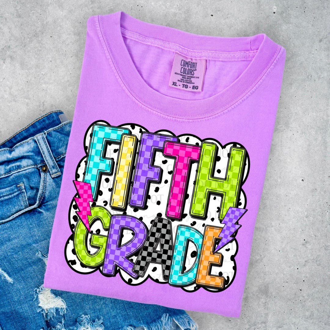 Fifth Grade Checkered Neon & Dots Back to School Png Digital, DTF DTG ...