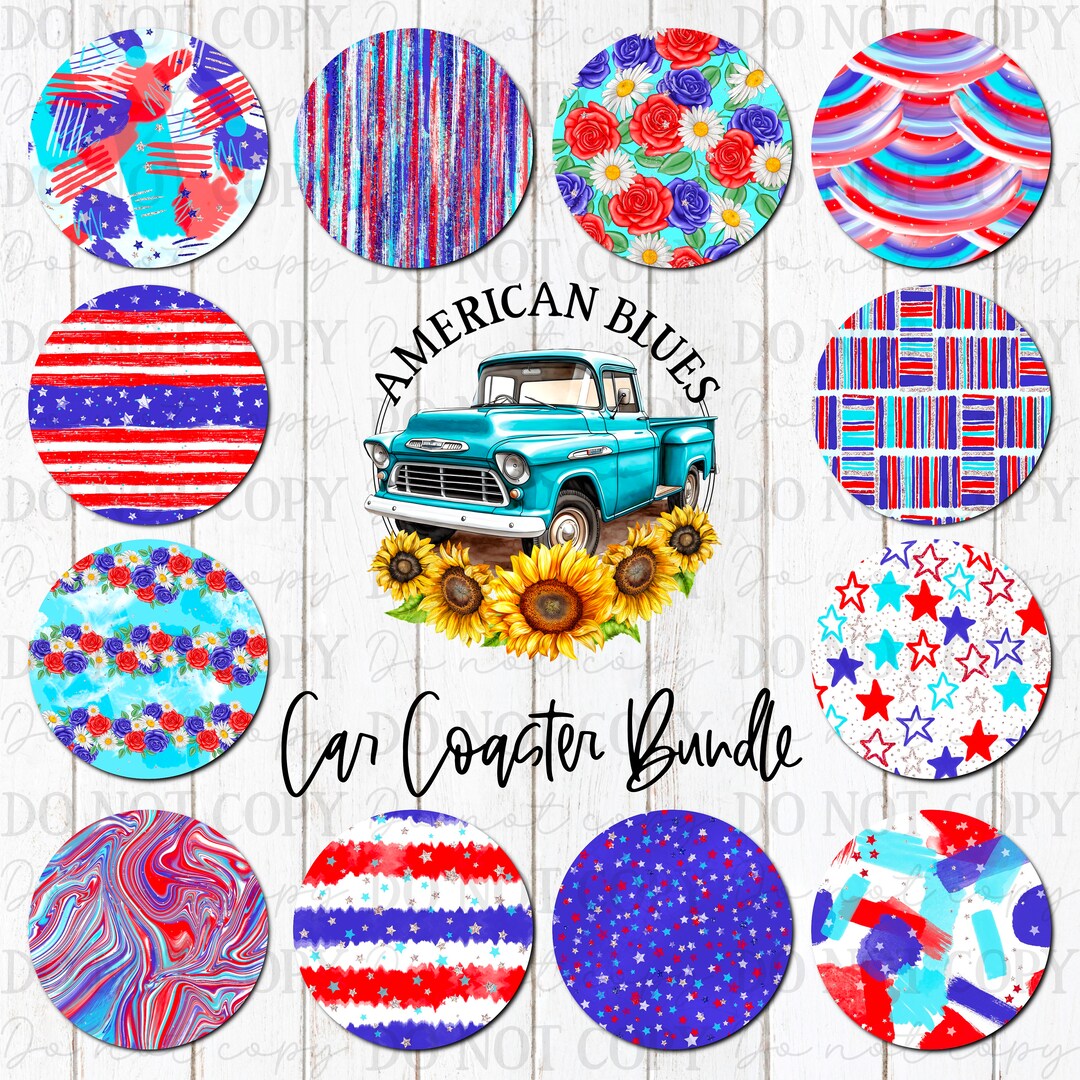 4th of July Car Coaster Bundle, Patriotic Car Coaster Bundle - Digital ...