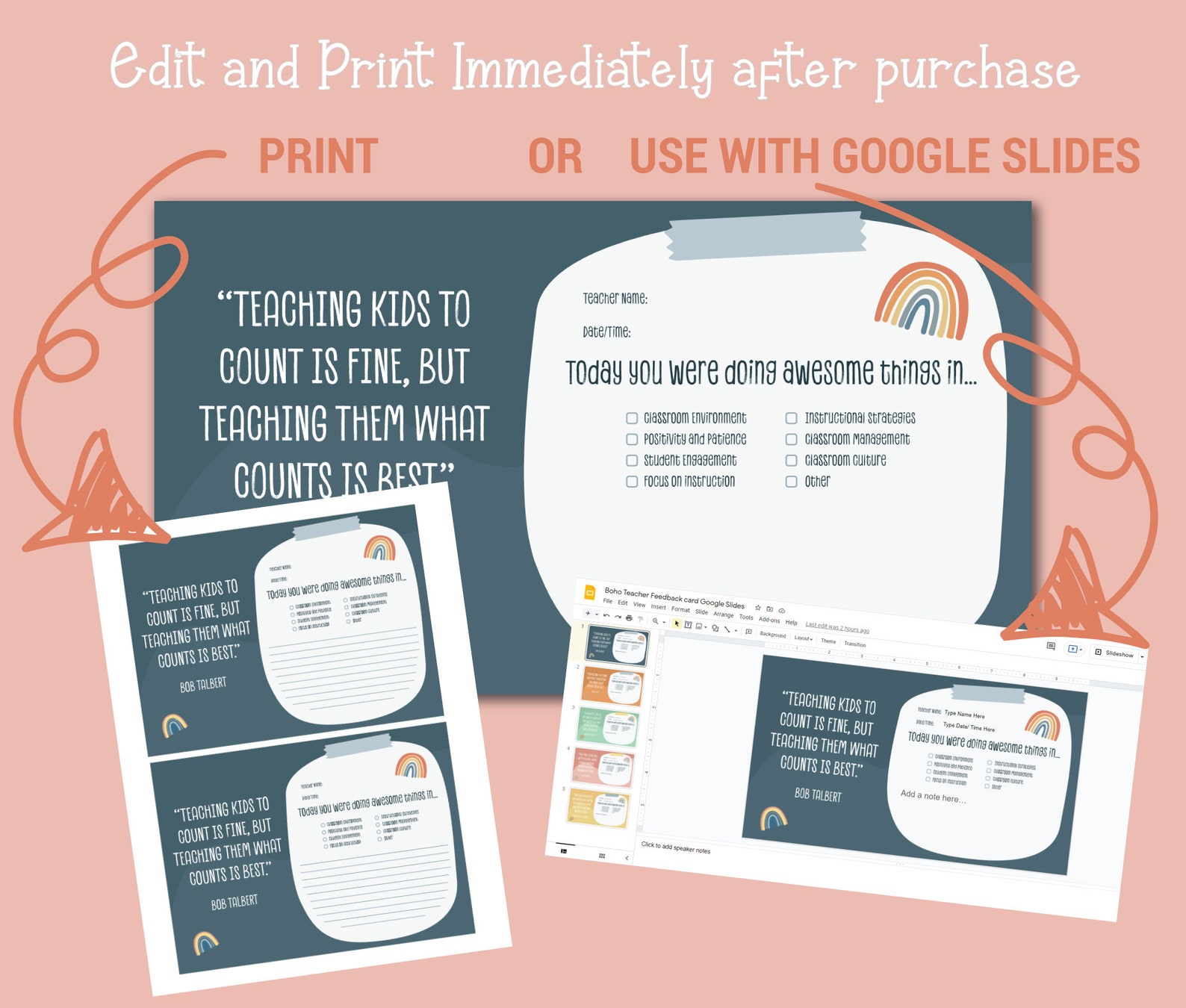 EDITABLE Boho Teacher Positive Feedback Card TEMPLATE | Etsy