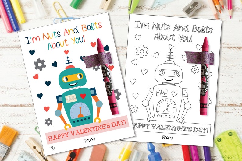 PRINTABLE Robot Coloring Valentines for Kids Color me | Etsy