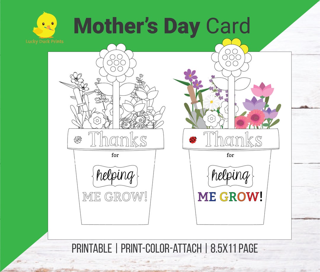 Coloring Mother's Day Card INSTANT DOWNLOAD Printable Growing Flower ...