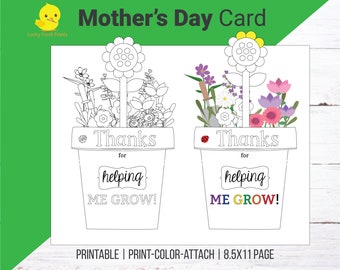Coloring Mother's Day Card INSTANT DOWNLOAD Flower Pot Growing Flower ...