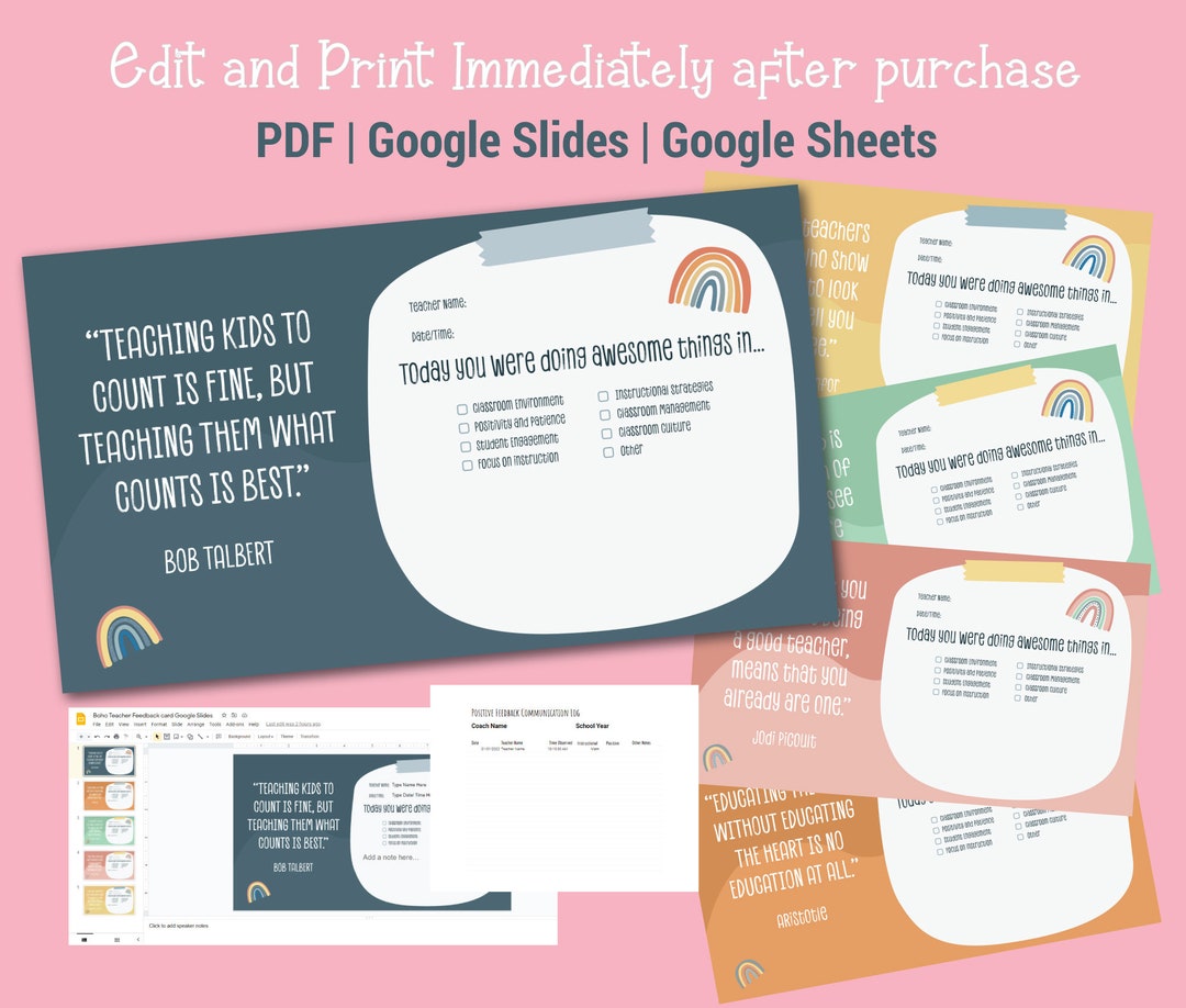 EDITABLE Boho Teacher Positive Feedback Card TEMPLATE- Instructional ...