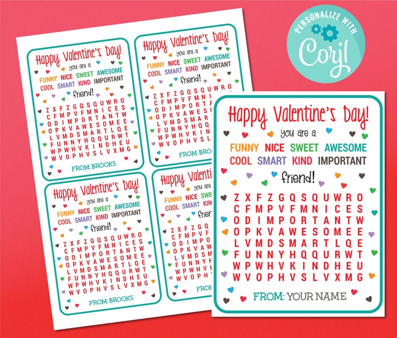Printable Valentine's Day Word Search Cards: Kids Classroom Valentines ...