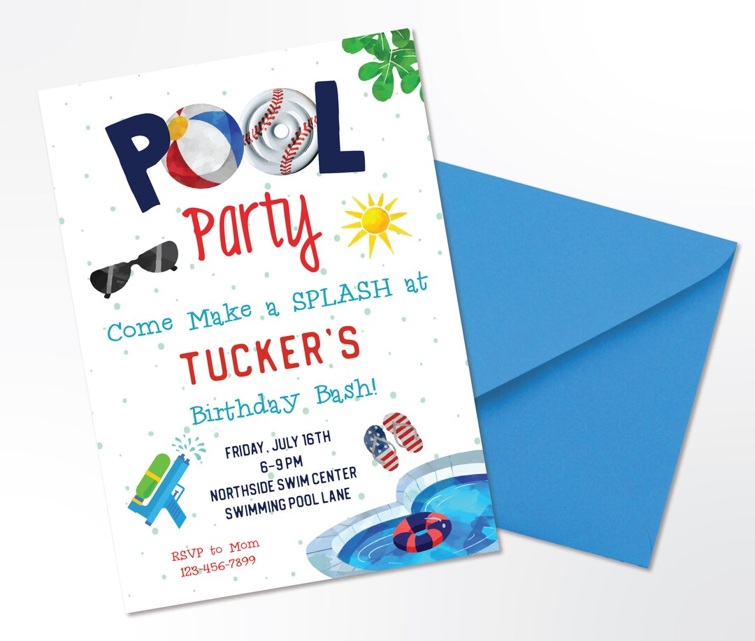 Baseball Pool Party Invitation, Summer Sports Pool Party, Printable ...