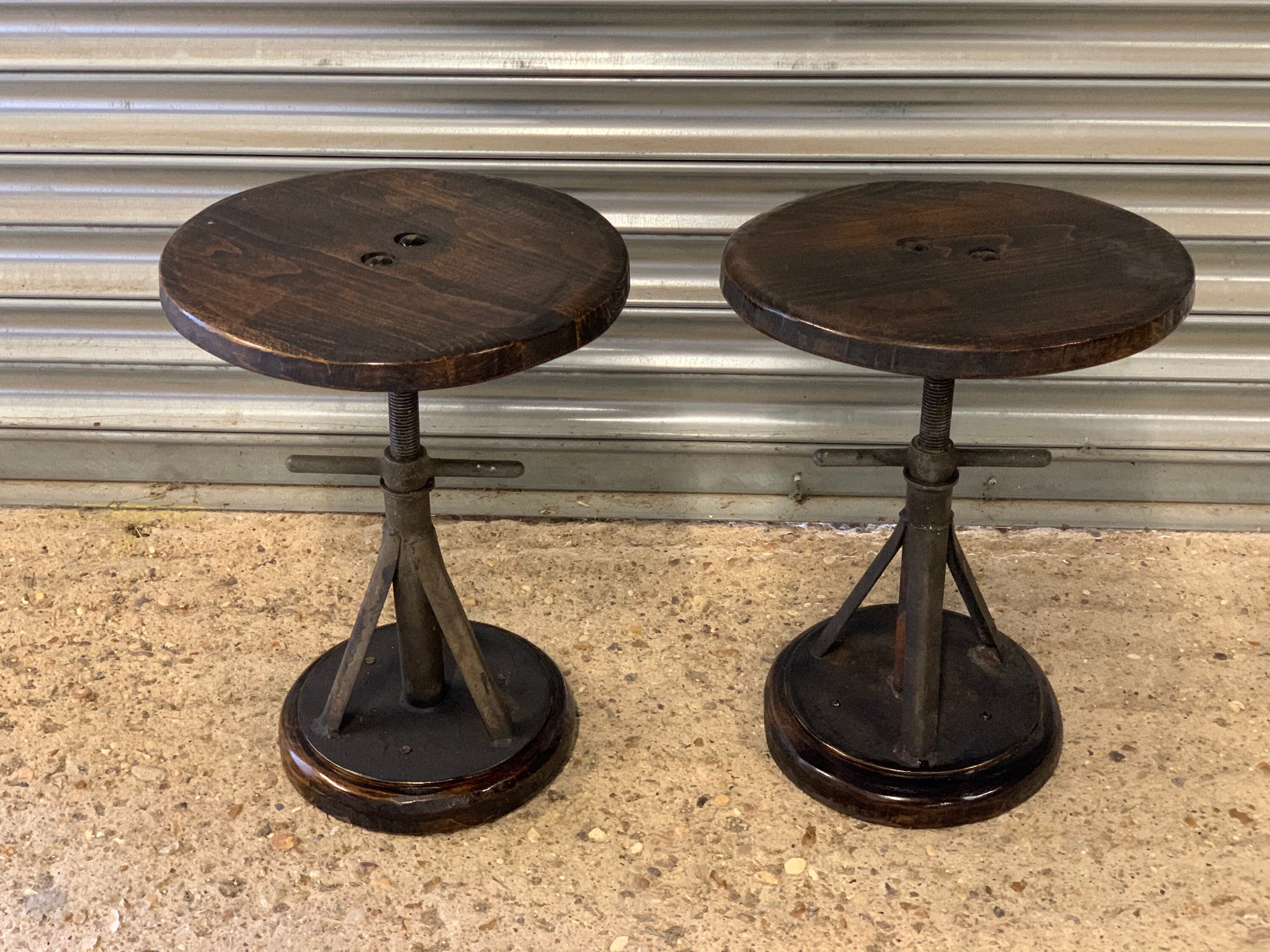 Pair Of Circa 1930’s Original Industrial Adjustable Machinist Stools.