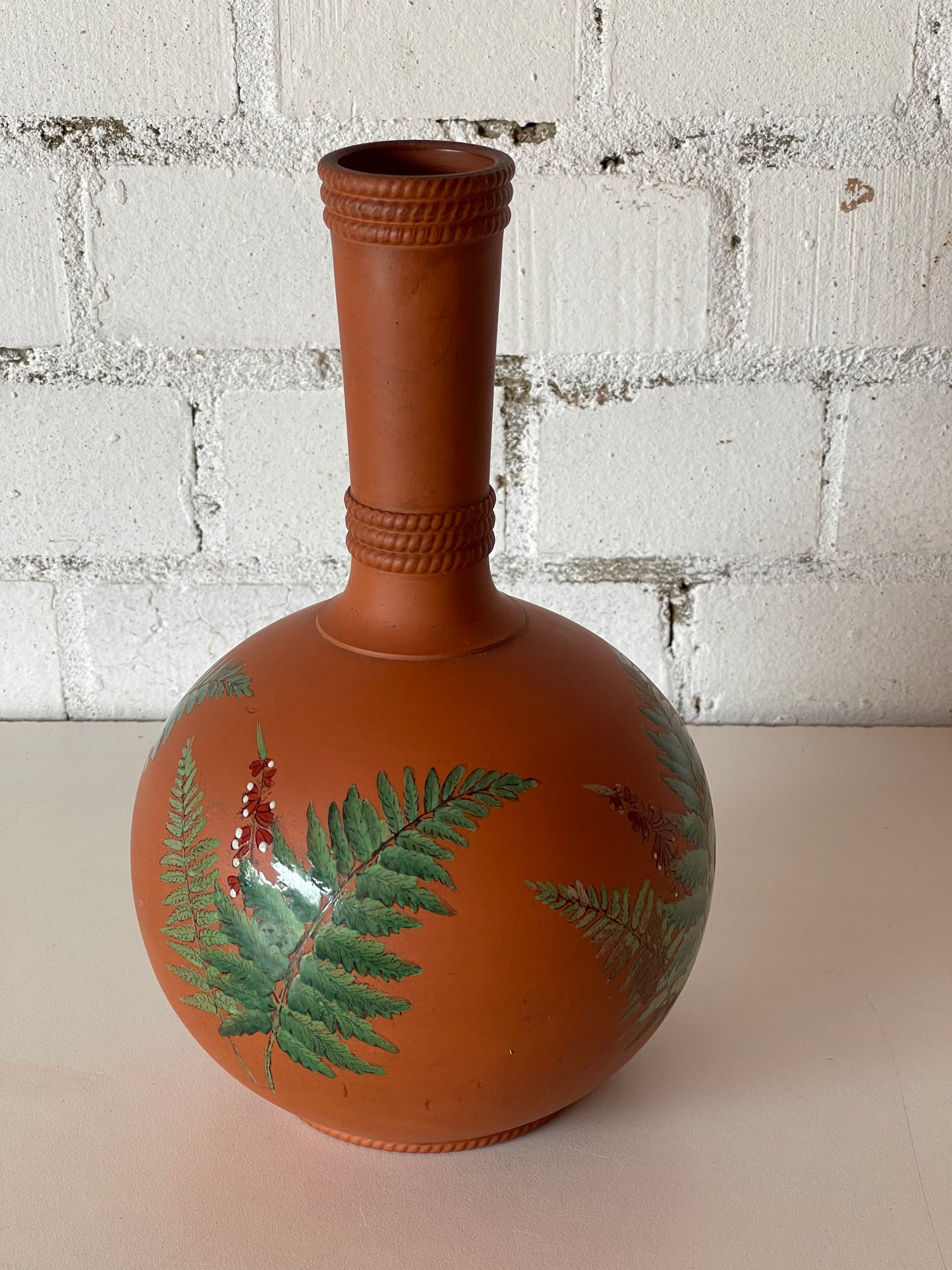 19thC Watcombe Pottery Terraccotta Flask / Vase with HandPainted Fern ...