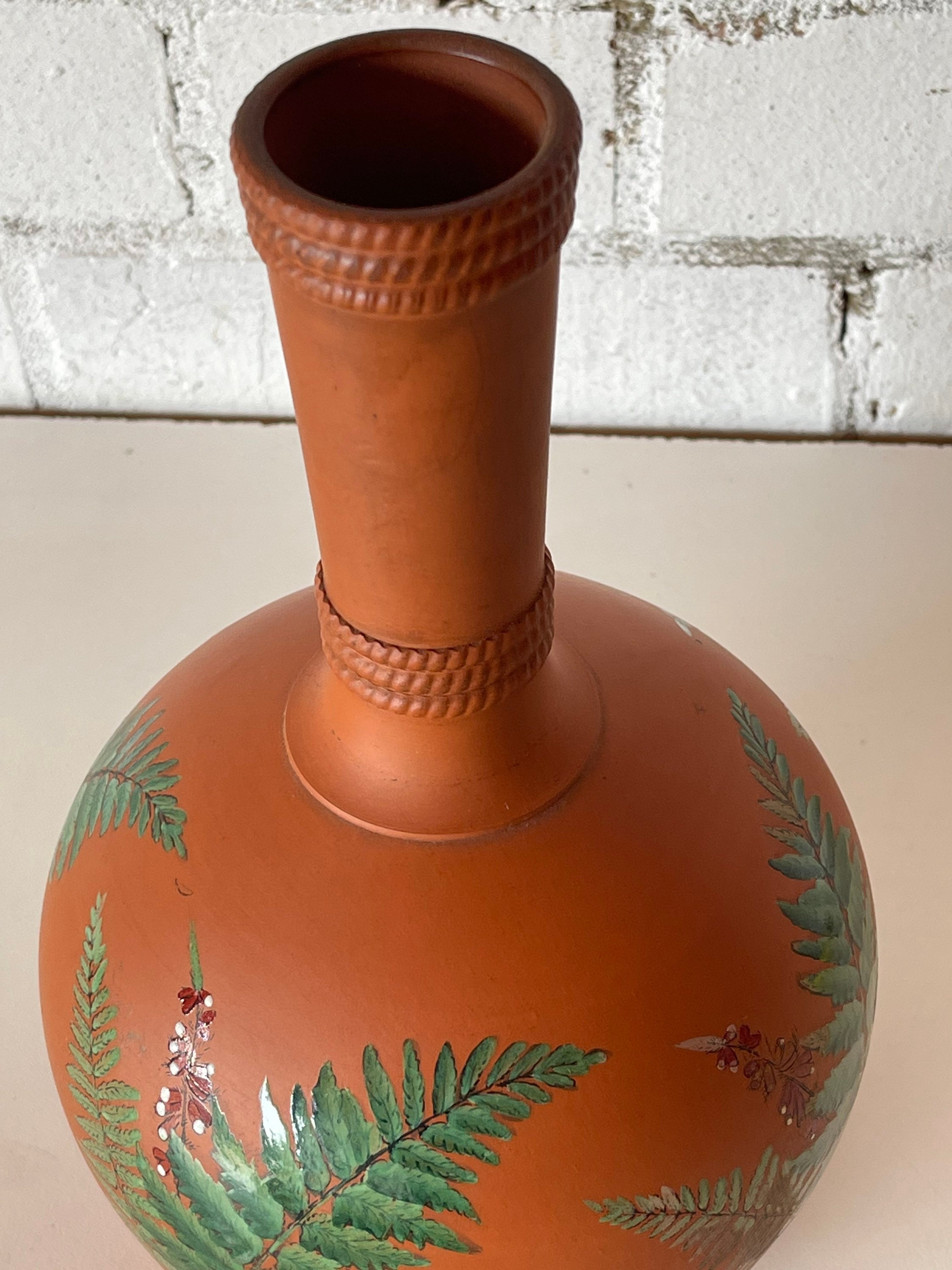 19thC Watcombe Pottery Terraccotta Flask / Vase with HandPainted Fern ...